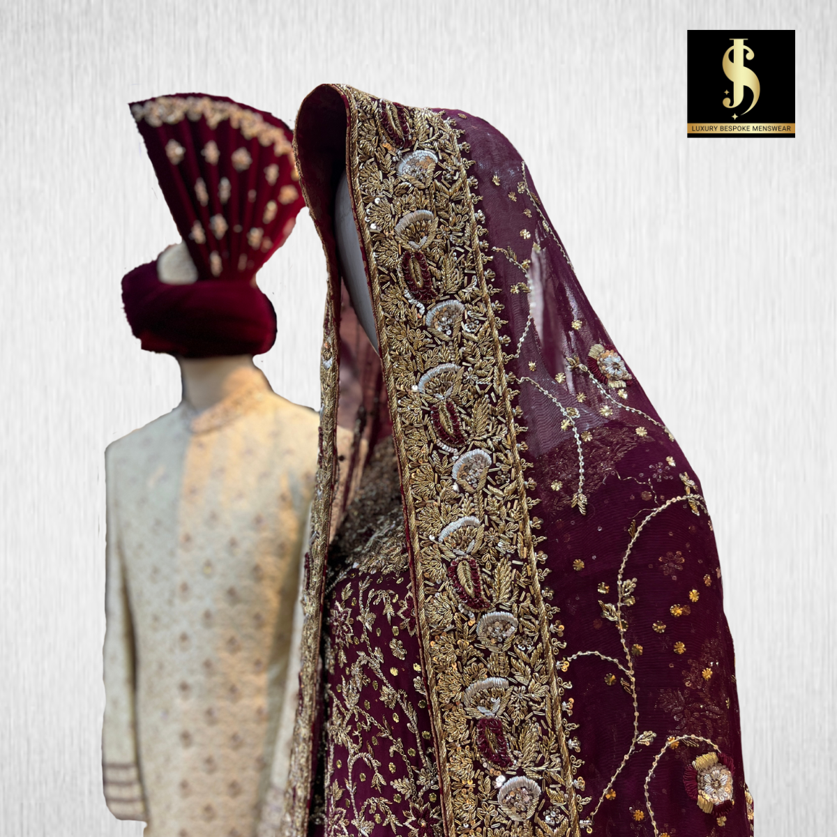 Bridal & Groom Dress Set – Maroon & Ivory – John Studio